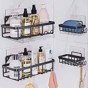 Attmu Shower Caddy Shower Shelf No Drilling with 2 Soap Holders, Adhesive Large Capacity Shower Organizer for Bathroom, Kitchen, Shower Rack Shelves - 4 Pack (Black)