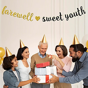 Maicaiffe Farewell Sweet Youth Banner - Old English Birthday Party Decor - 30th 40th 50th 60th Birthday Party Decorations, Gold Black Glitter