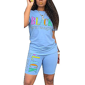 Uni Clau Women's Letter Two-Piece Outfit Tracksuit - Casual Short Sleeve T-Shirts Bodycon Shorts Set Jumpsuit Rompers Light Blue
