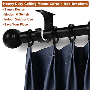 Ceiling Curtain Rod Brackets, Heavy Duty Curtain Rod Holders Black Ceiling Curtain Rod Hooks for 1 to 1.2 Inch Rod, Window Hardware Ceiling Brackets, 2 Pack