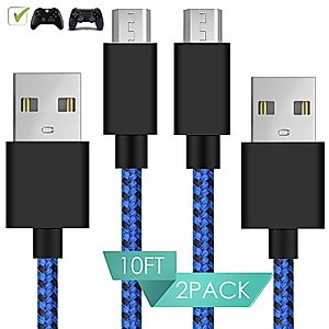 2 Pack 10FT/3M PS4 Controller Charging Cable, Micro USB Charger Sync Cord for Sony PS4 PS4 Pro/Slim Controller, Microsoft Xbox One S/X Controller, Galaxy S7, S7 Edge, S6 and More,Blue
