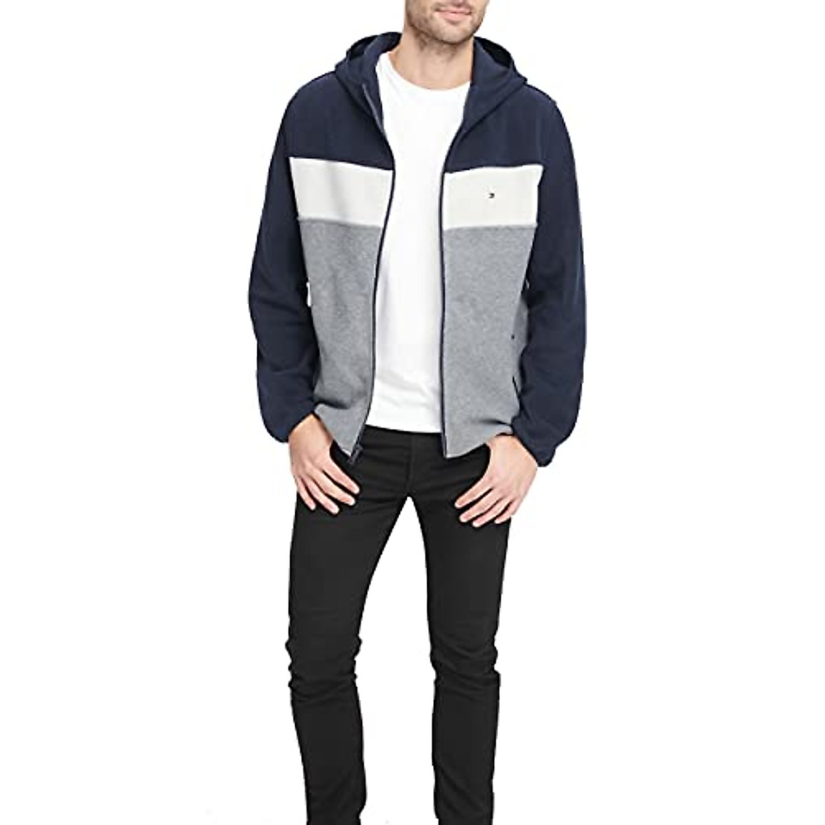 Tommy Hilfiger Men's Hooded Polar Fleece Jacket, Navy/White/Light Grey, Large