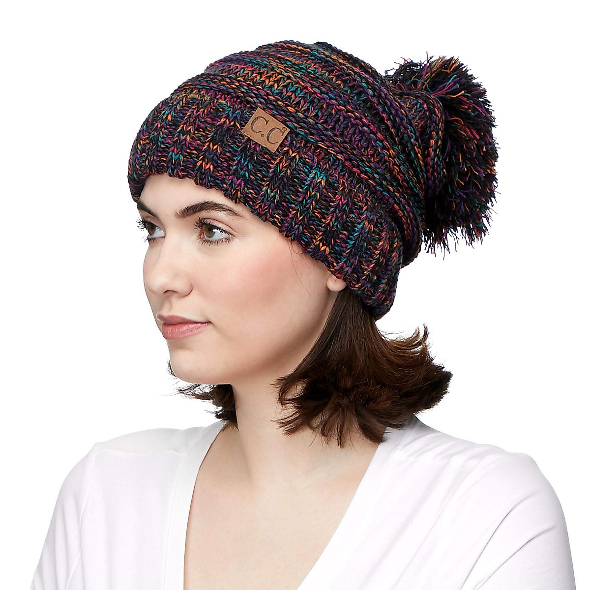 Hatsandscarf CC Exclusives Unisex Oversized Slouchy Beanie with Pom (HAT-6242POM) (Black Multi Amazon)