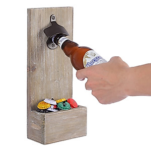 Satauko Bottle Opener with Cap Catcher, Wooden Wall Mounted Beer Bottle Opener for Kitchen, Metal Beer Opener for Bar Decoration.(Gray)