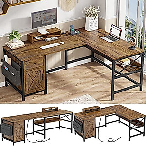 SEDETA 63" L Shaped Desk, Convertible Long Home Office Desk or Corner Desk, Office Computer Desk with Drawer, Power Strip, Storage Cabinet & Monitor Stand for Home Office, Rustic Brown