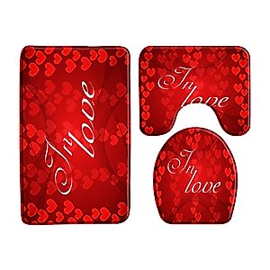 3 Pieces Bath Rugs Sets,Red Heart Romantic Love Sweet Heart Quote in Love Fantasy Dream Valentine's Day Memory Foam 17.8"x 29.5" Bath Mat Sets Toilet Seat Cover, U-Shaped Toilet for Bathroom Decor