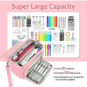 Sooez Super Large Pencil Case, Big Capacity Pencil Bag with 3 Compartments, Hold 200 pencils, Cute Pencil Pouch with Zipper, Portable Stationery Pen Bag, Aesthetic School Supplies For Girls, Pink
