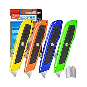 Utility Knife Box Cutter Retractable Heavy Duty SK5 Steel Blades Razor Knife Utility For Boxes Cardboard Carpet 2Pack Box Cutters (4-Pack, Multicolored)