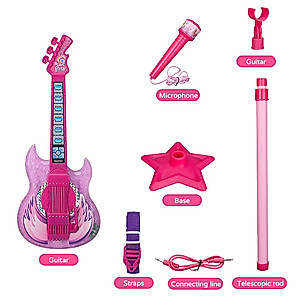 TAKIHON Guitar and Microphone Set for Kids,Guitar Toys with Music&Colorful Light,Adjustable Height Microphone with Stand,Karaoke Toys Gift for Boy,Girls,Toddlers(Red)-Upgraded