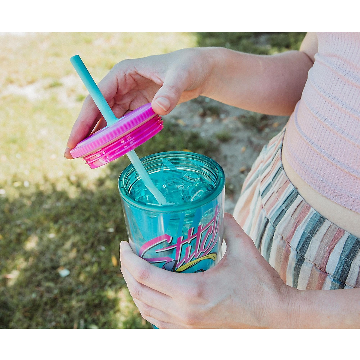 Disney Lilo & Stitch Jamming Plastic Tumbler With Leak-Resistant Lid and Reusable Straw | Double-Walled Travel Cup For Drinks | Holds 20 Ounces