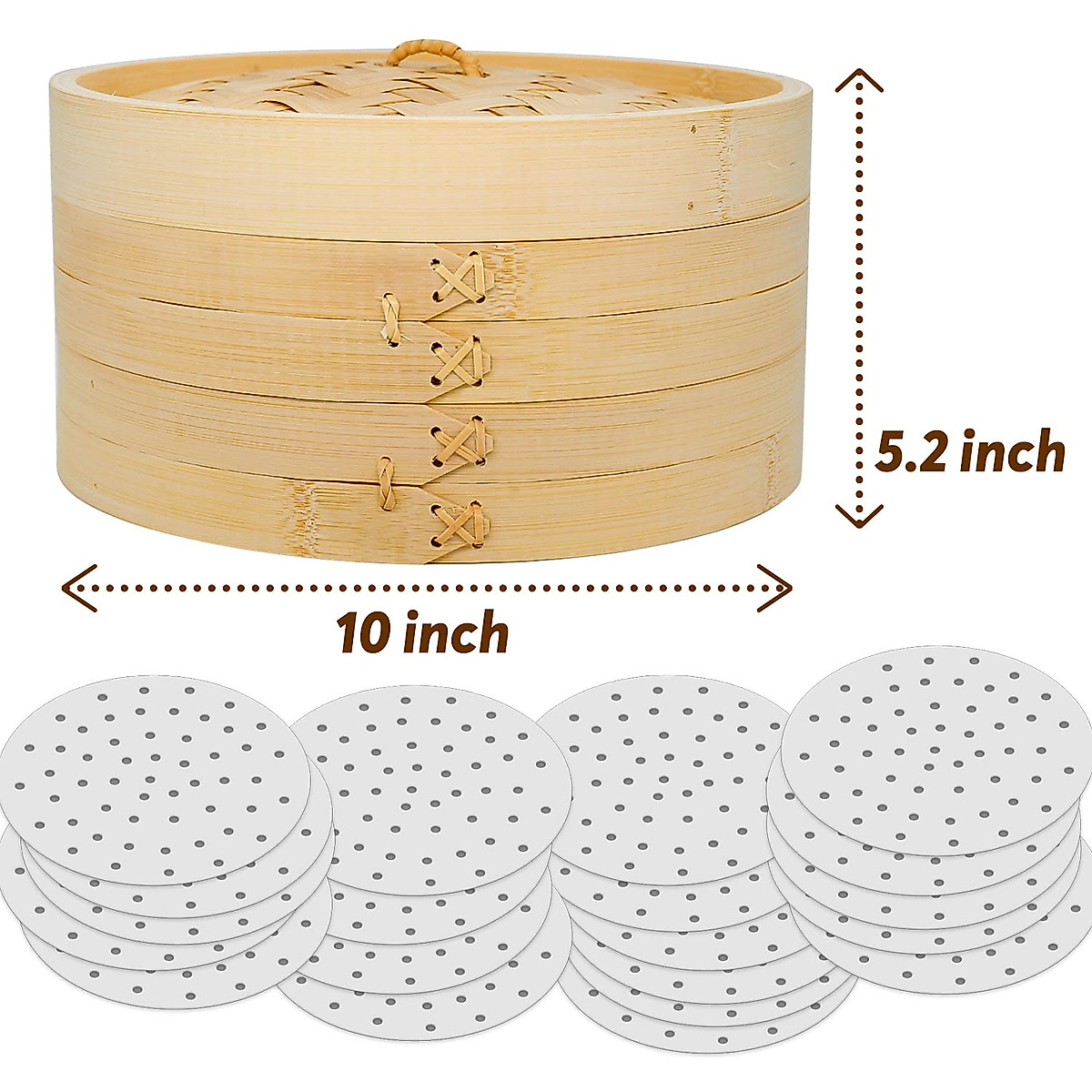 ONETANG 10 Inch Bamboo Steamer Basket, 2 Tier Steamer for Cooking, 20 Paper Liners, Perfect For Dim Sum, Chicken, Fish, Veggies, Natural Handmade Weaver, Eco-Friendly Gift Box (Holiday Gifts)