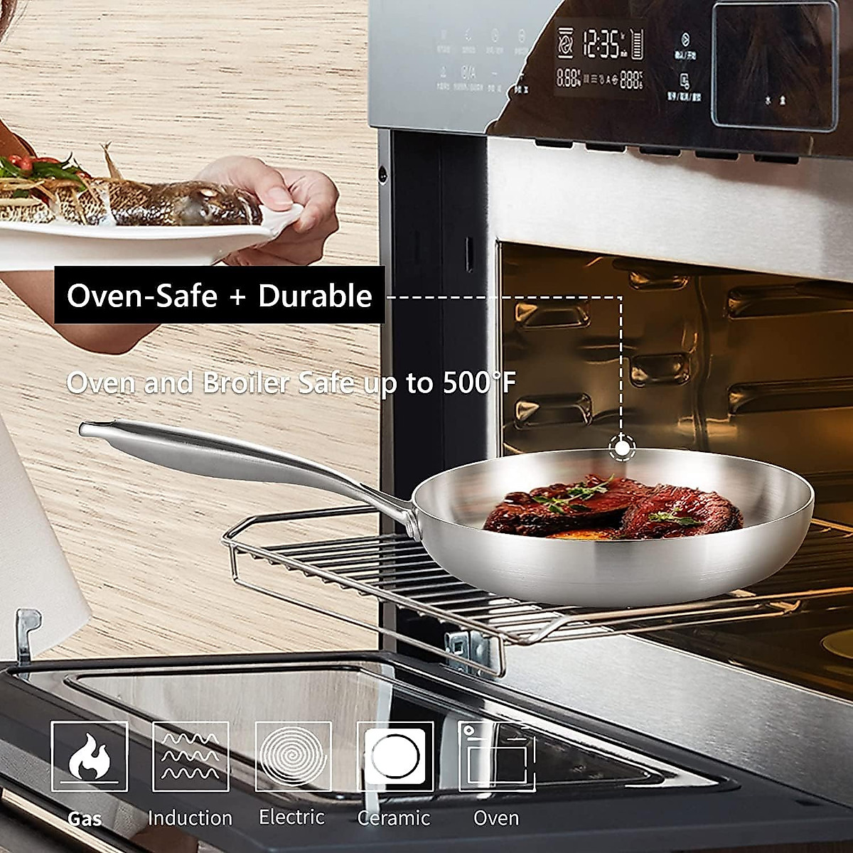 LOLYKITCH 10-12 Inch Tri-ply Stainless Steel Frying Pan Set with Lids,Skillets,Induction Cookware,Pots and Pans Set,Dishwasher and Oven Safe,Detachable Handle.