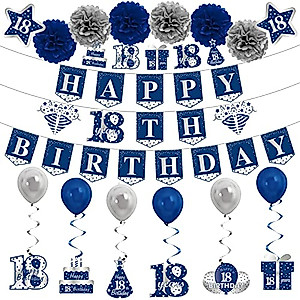 Blue Silver 18th Birthday Banner Decorations Kit for Boys, 26pcs Eighteen Birthday Banner Party Supplies, 18 Years Old Birthday Brackdrop Decor