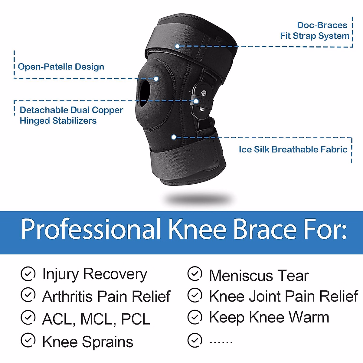Docbraces Hinged Knee Brace for Knee Pain, Adjustable Compression Knee Support Brace for Men & Women, Open Patella Knee Wrap for Swollen,Meniscus Tear,ACL,PCL,Joint Pain Relief,Injury Recovery