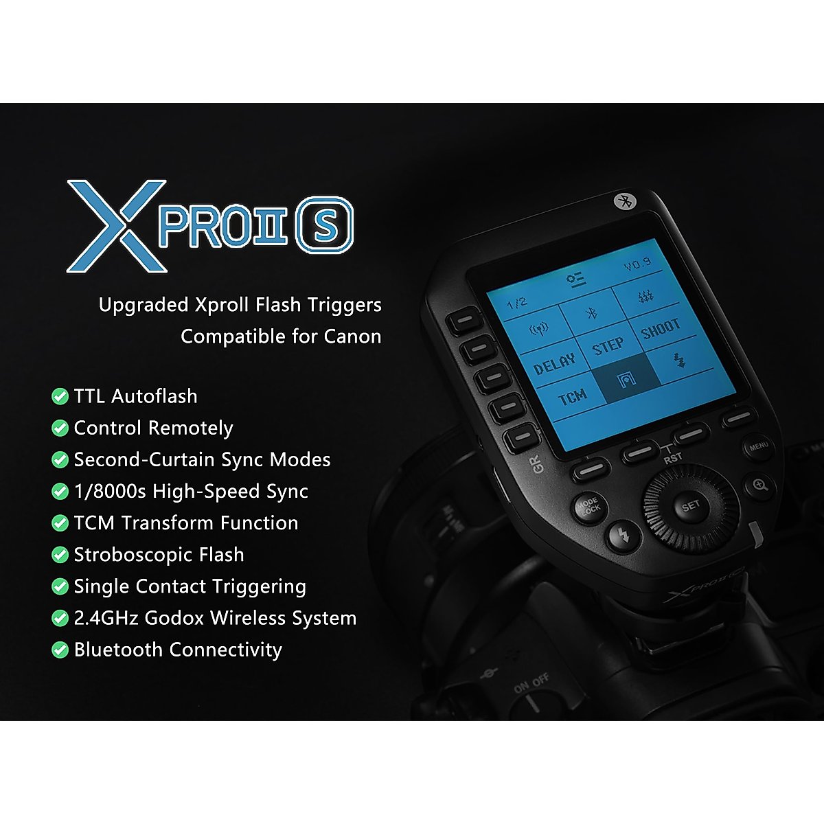 Godox XProII-S TTL Wireless Flash Trigger Compatible for Sony, 1/8000s HSS 2.4G Wireless Flash Transmitter, TTL-Convert-Manual, Extra Large LCD Screen, Bluetooth Connection, New Hotshoe Locking