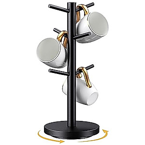 Coffee Mug Holder Tree, Upgraded 360° Rotated Coffee Cup Holder for Counter, Wood Coffee Mug Tree, Coffee Mug Rack with 6 Hooks, Coffee Mug Organizer Station, Mug Stand Coffee Bar Accessories, Black