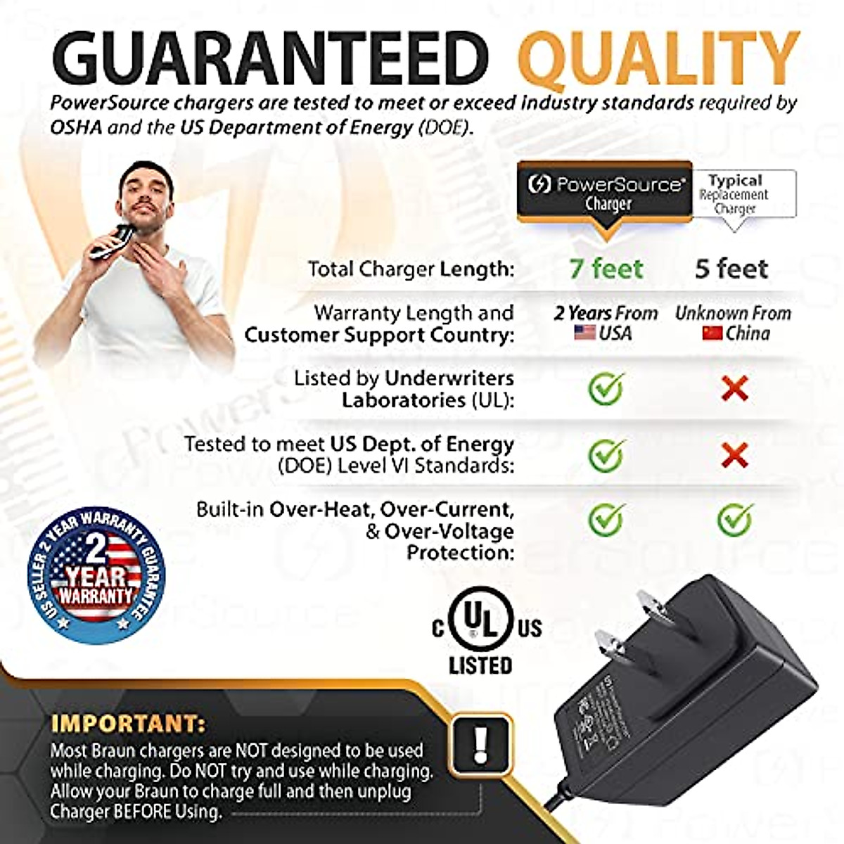 PowerSource Charger for Philips Norelco HQ8505 2000 3000 3100 3500 7000 5000 8000X 8500X 9000 Series MG7 S1560 Electric Shaver Razor Aquatec Multigroom Beard Trimmer 15V AC Adapter Power Supply Cord