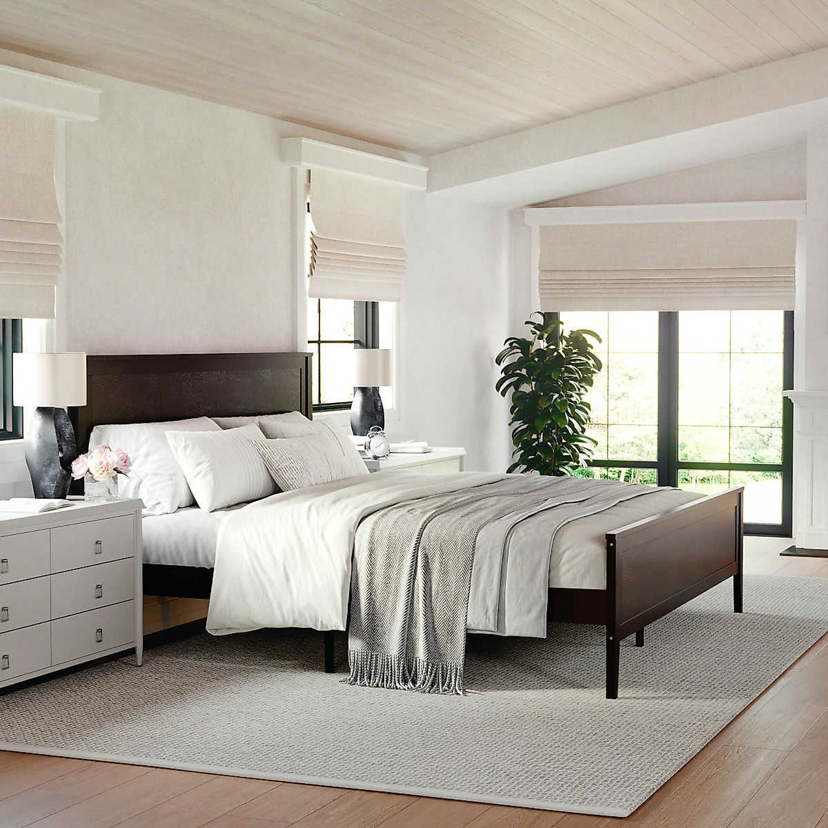 Martha Stewart Corbin Solid Wood Platform Bed with Wooden Headboard and Footboard, Wood Slat Foundation, No Box Spring Needed, King, Dark Brown