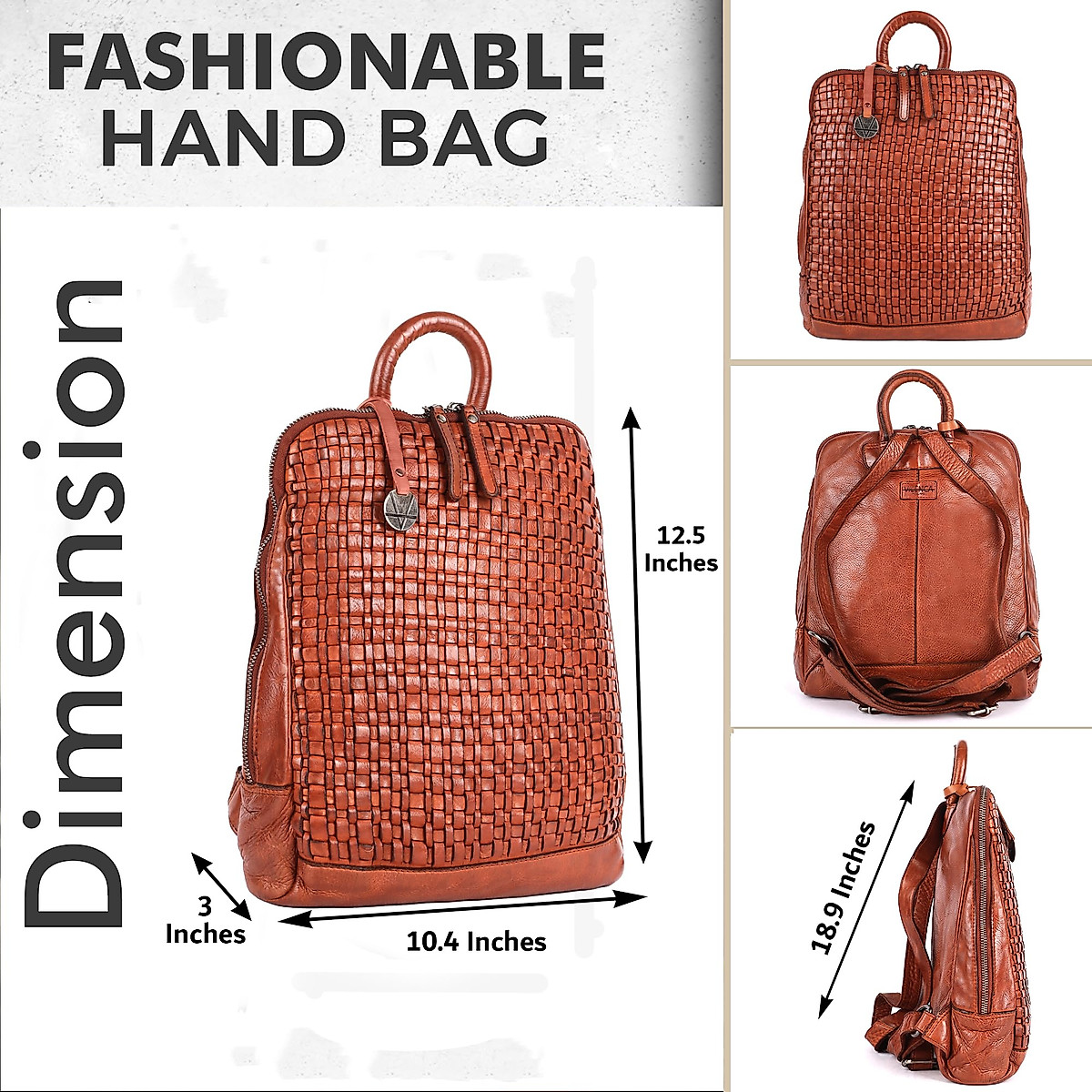 VILENCA HOLLAND 12.5 Inch Genuine Leather Backpack for Women and Men, Cognac Leather Backpack with Adjustable Shoulder Strap