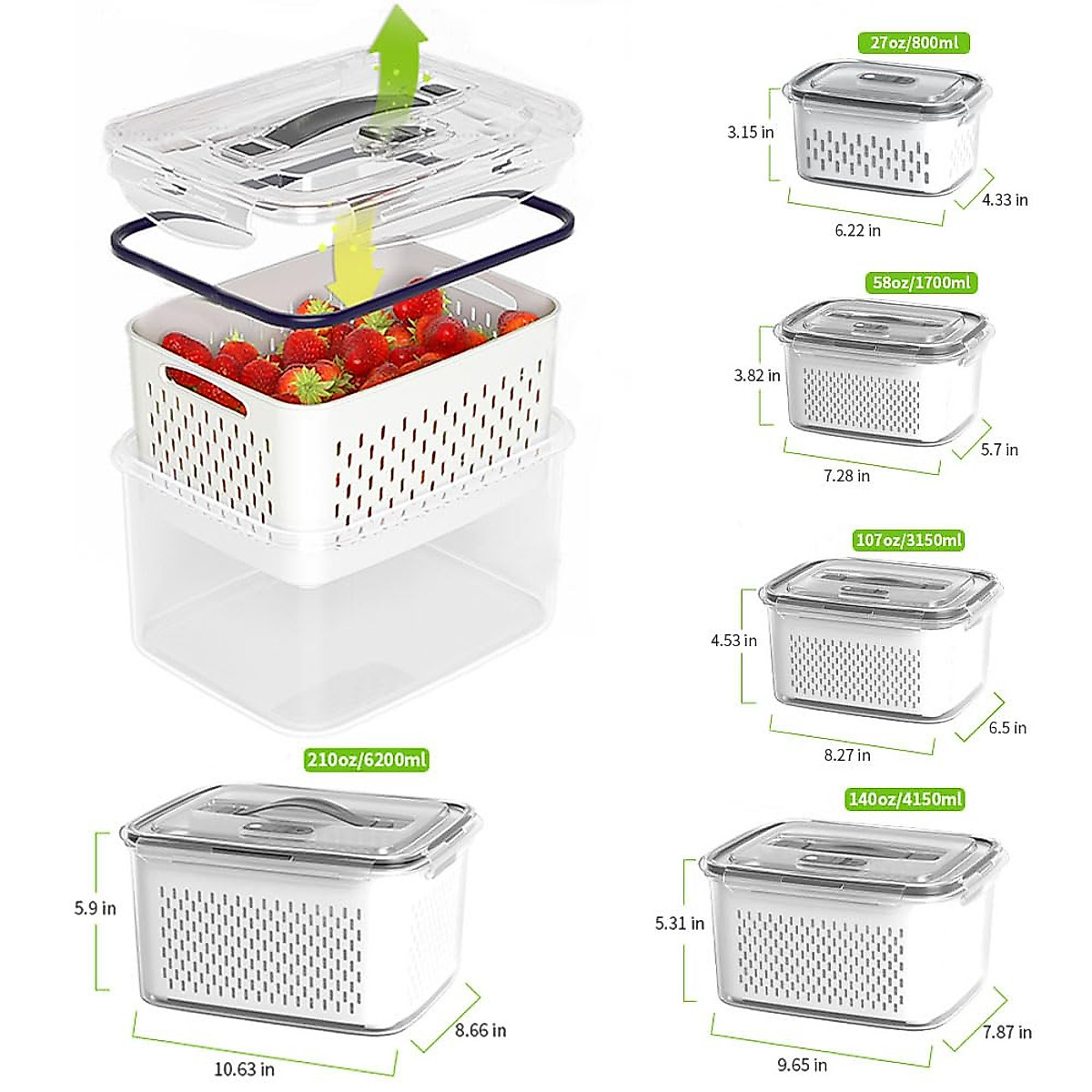 sengcou 10 PCS Fruit Storage Containers For Fridge, Produce Vegetable Saver Container with Lids Colander Vent Handle BPA-Free Large Size, Keep Fruits Veggie Food Meat Fresh