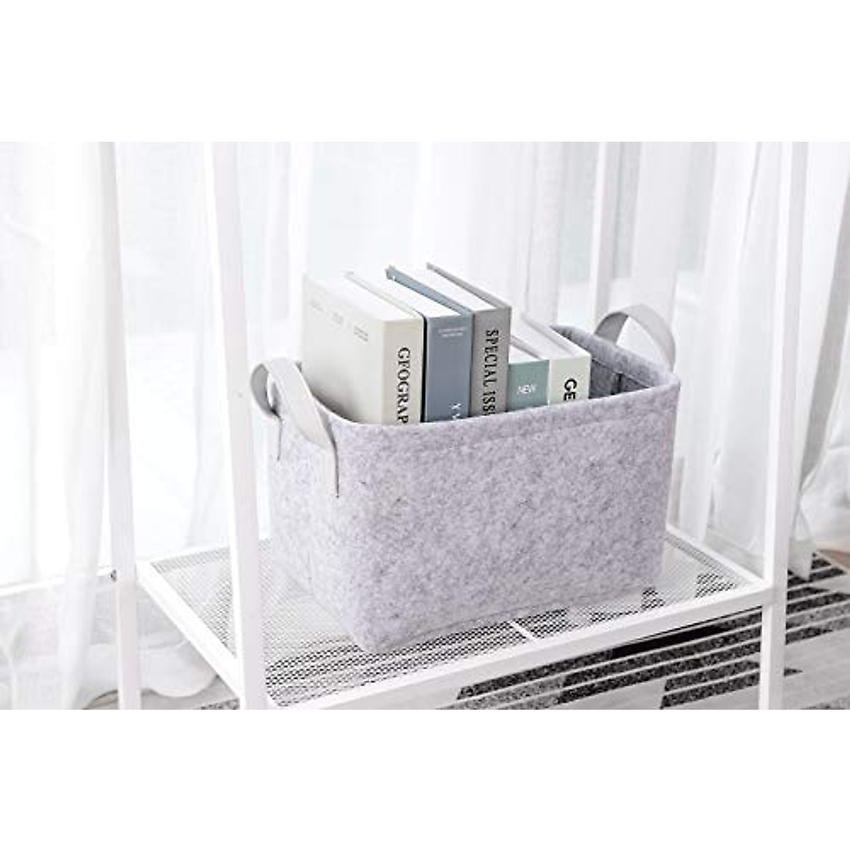 Rhyan Felt Storage Basket/Bin with PU Handles, Collapsible & Convenient Storage Solution for Office, Bedroom, Closet, Toys, Laundry(Light Gray)