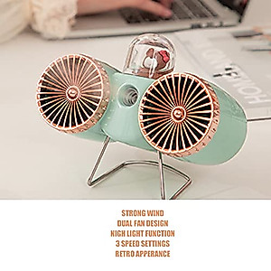 HEEPDD USB Desk Fan, Dual Blade Bear Design 3 Speeds Strong Wind Night Light Table Fan Quiet Dual Blade Bear Design Desk Fan with USB Charging for Dormitory (Green)