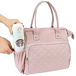 FINDCOZY Insulated Lunch Bag for Women, Cute Lunch Box, Reusable Cooler Bag with Removable Shoulder Strap and Side pockets for Work or Picnic, Pink