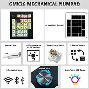 ZMX GMK26 Mechanical Numpad,VIA/QMK Programmable Hot Swappable Gasket Wired BT5.0/2.4G Wireless Number Pad with Knob PBT Keycaps 26 Keys Macro RGB Gaming Numeric Keypad for Laptop TKL Keyboard (Black)