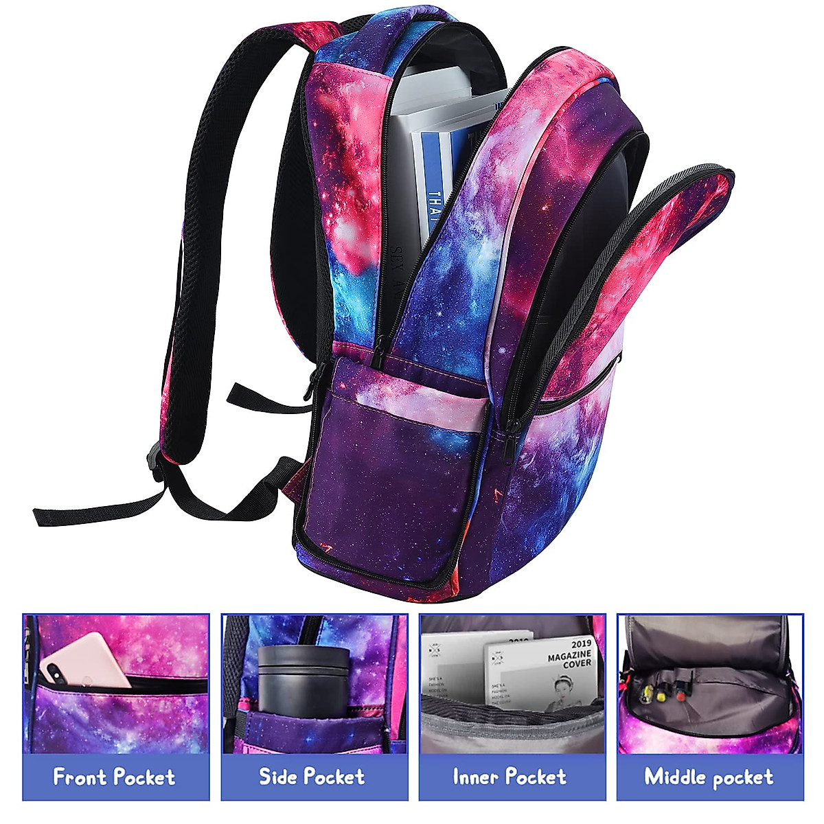 E-Clover Backpack for Girls Kids Galaxy Backpacks Purple Space Bookbags School Bag with Galaxy Lunch Box Set Valentines Day Gifts