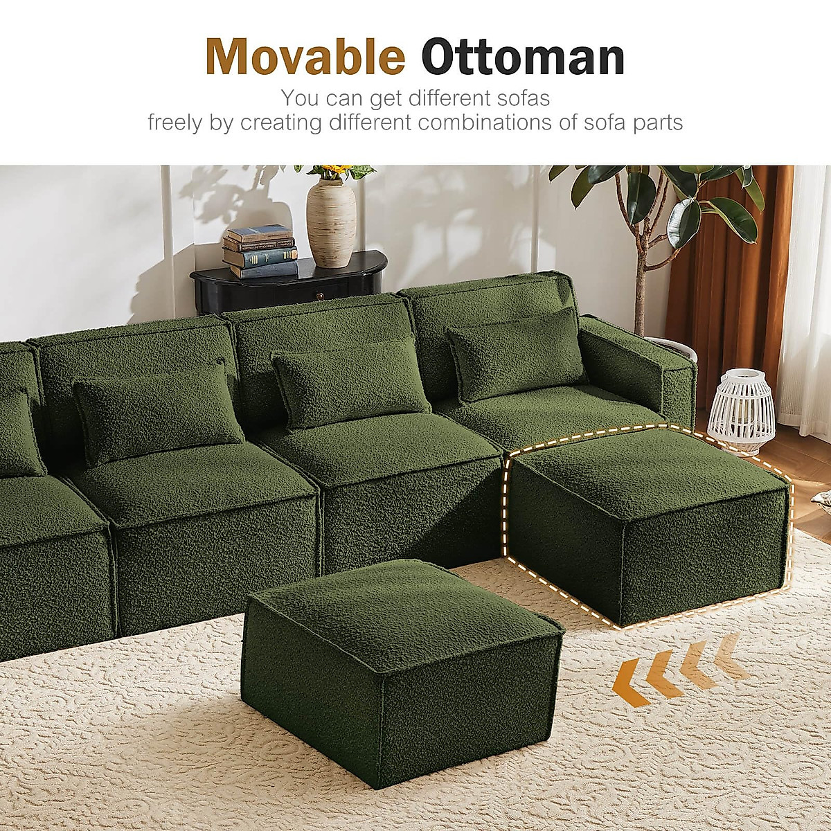 ABCASA 120" Modular Sectional Couches for Living Room, Modern 6 Seater U Shaped Sofa Couch - Boucle Green