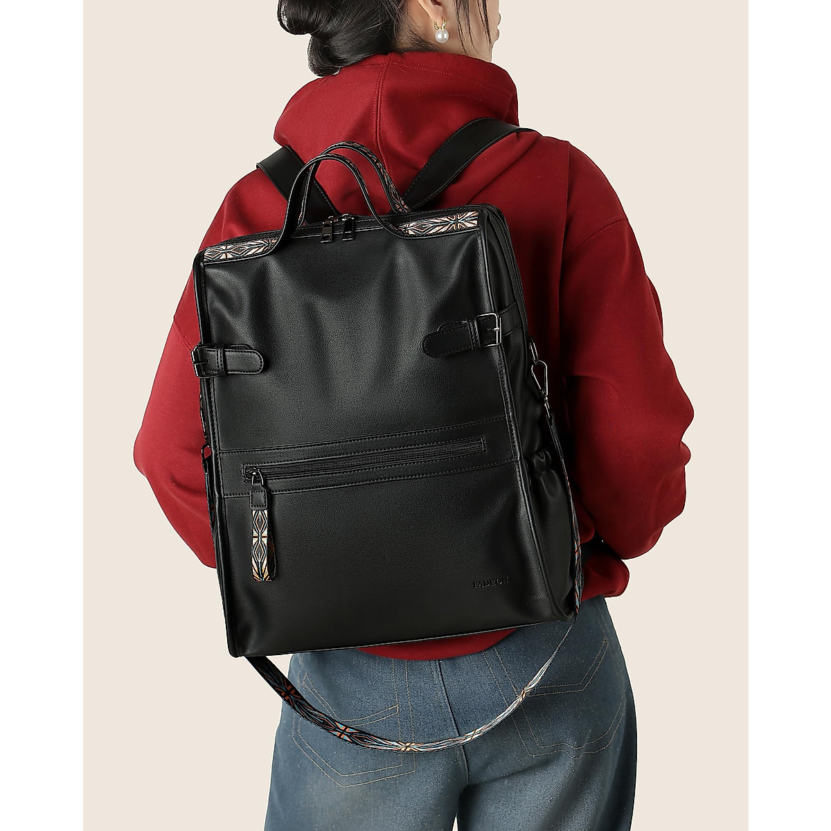 FADEON Leather Laptop Backpack for Women, Designer Ladies Work Travel Computer Backpack with Laptop Compartment Purse Black