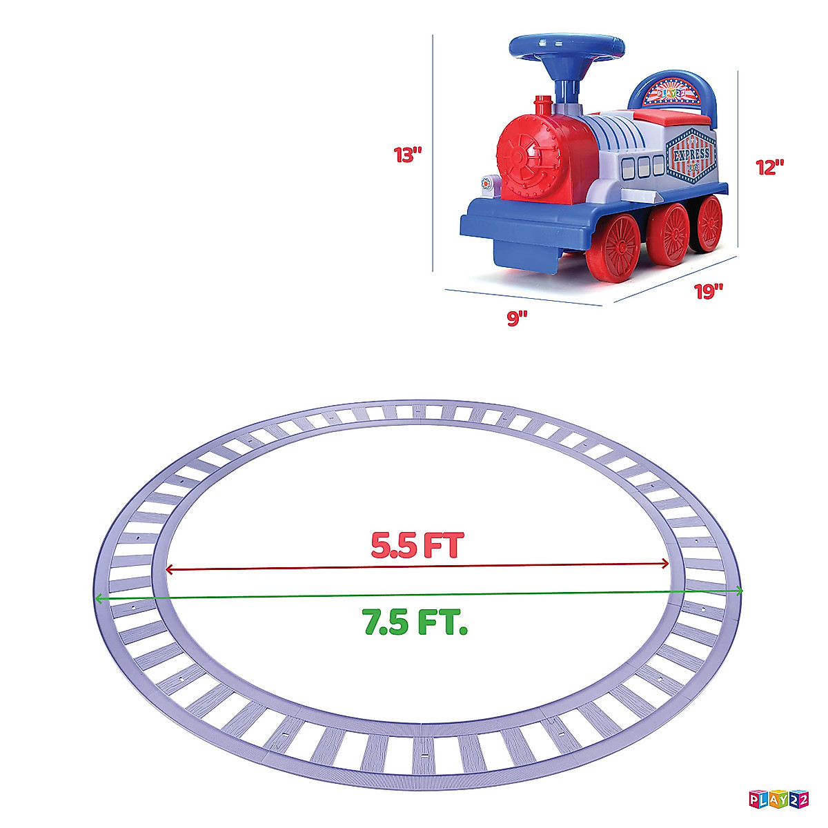 Play22 Electric Ride On Toy Train with Tracks - Ride On Train for Toddlers 1-3 Features Fun Flashing Lights and Music, Storage Seat, 16 Tracks - Playable Without Tracks - Riding Toys for Kids
