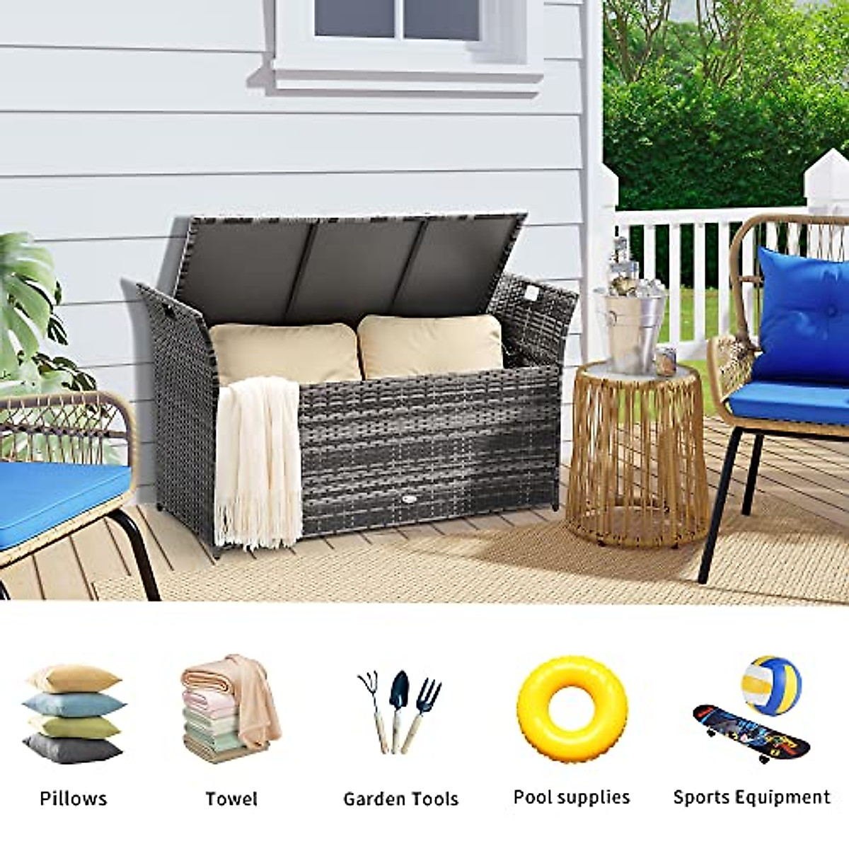 YITAHOME 90 Gallon Outdoor Wicker Storage Bench w/Cushion, Large PE Rattan Deck Storage Box w/Handles & Hydraulics for Patio Furniture, Cushions, Garden Tools, Pool & Sports Equipment, Gray
