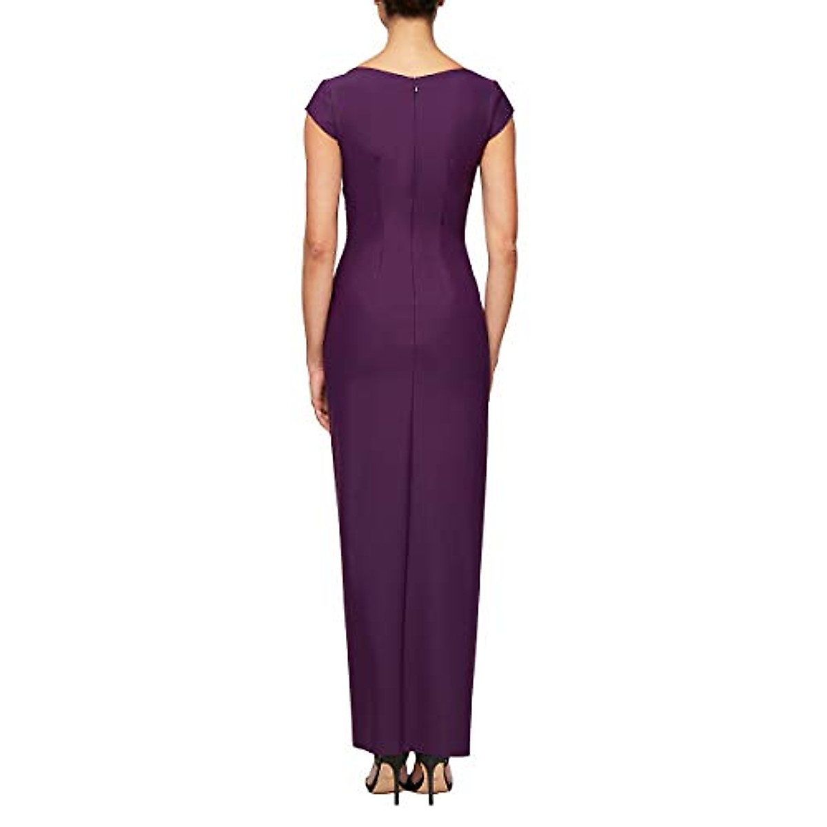 Alex Evenings Women's Slimming Long Cap Sleeve Dress with Side Beaded Detail, Summer Plum, 16