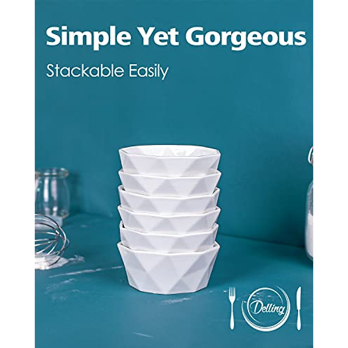 Delling Ramekins 4 oz Set, Creme Brulee Ramekins Oven Safe, Geometric Souffle Dishes Ramekins, Porcelain Ramekin for Baking Souffle Ramekins Bowls, Small Souffle Dishes Bowls Set of 6, White