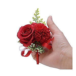 2 Pack Flower Wrist Corsage Boutonniere Set,3" Artificial Rose and Carnation Handmade Silk Flower for Wedding Flowers Accessories Prom Suit Decor (Red)