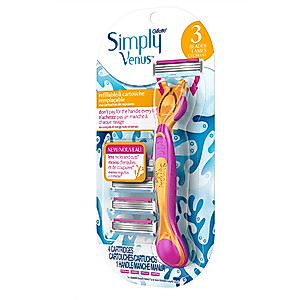 Gillette Simply Venus Refillable 3 Blade Razor with 4 Cartridges Refills - Pivoting Head & Moisture Strip, Womens Razors / Blades