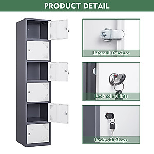 BYNSOE Metal Locker 6 Doors 71" Employees Locker Storage Cabinet Locker School Hospital Gym Locker Requires Assembly (Grey White, 6 Doors)