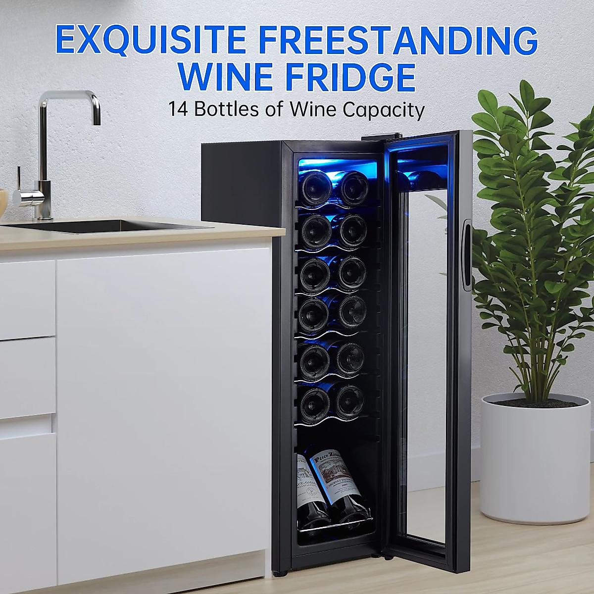 Takywep Mini Wine Fridge 14 Bottle, Wine Cooler Temperature Adjustment Range 41~64°F, Wine Fridge Small with Triple Pane Clear Glass Door, Wine Coolers for Home