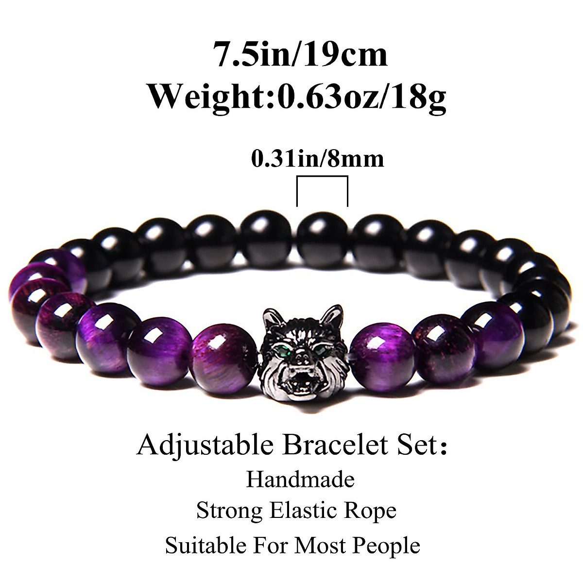 HESHPAWS Wolf Head Charm Amethyst Crystal Bracelet 8mm Round Beads Tiger Eye Bracelets Energy Lava Stone Beaded Bracelets