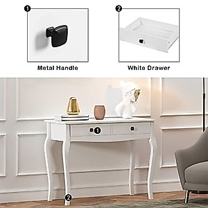 sogesfurniture White Vanity Desk with 2 Drawers, Home Office Desk Vintage Makeup Vanity Table, Curved Legs Writing Desk, Entryway Console Table for Bedroom, Entryway, Home Office