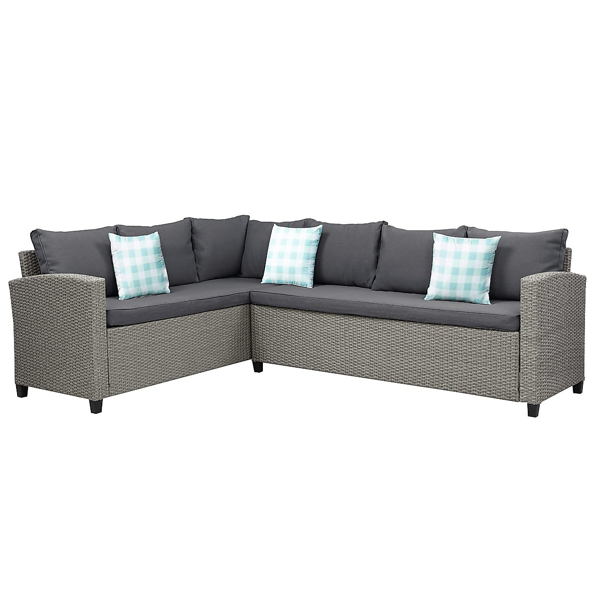 FANYE 5 Pieces All Weather Outdoor Patio Furniture Conversation Sets PE Wicker Rattan Sectional Couch Include 1 Table, 2 Sofas, 2 Ottomans and 3 Pillows Corner, Dark Gray