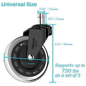 Office Chair Wheels for Wood Floors and Carpet Replacement Wheels for Office Chair 3 Inch Chair Casters Set of 5 Heavy Duty Computer Gaming Desk Caster Wheels Noise Free Universal Fit