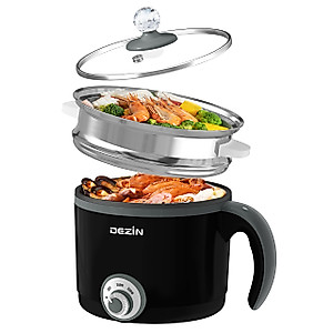 Dezin Hot Pot Electric with Steamer, 1.5L Rapid Noodles Cooker, Non-Stick Electric Pot Perfect for Ramen, Egg, Pasta, Dumplings, Soup, Porridge, Oatmeal, Portable Cooking Pot with Power Adjustment