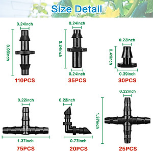 295 Pcs Drip Irrigation Fittings Kit for 1/4" Tubing - 110 Straight Barbs,35 Single Barbs,75 Tees,20 Elbows,30 End Plug,25 4-Way Coupling - Barbed Connectors Fittings for Sprinkler Systems
