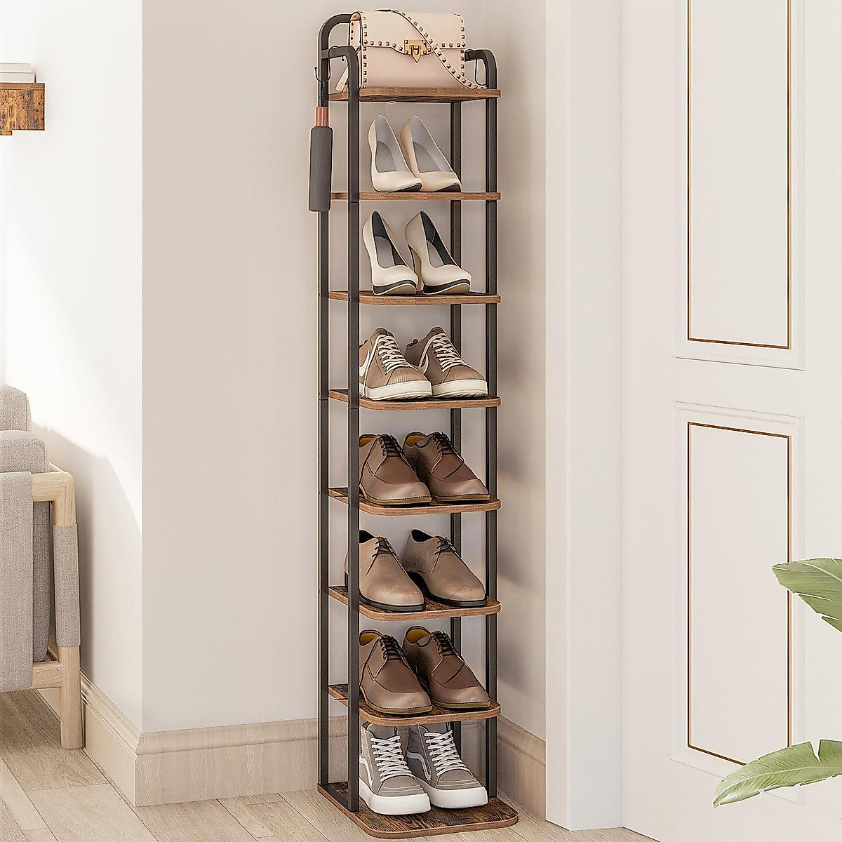 Hzuaneri Vertical Shoe Rack, Shoe Shelves, Wood Shoe Organizer for Closet, Entryway, Shoe Tower for Small Spaces, Free Standing, Adjustable, with 2 Hooks, 8 Tier Rustic Brown SR04301B