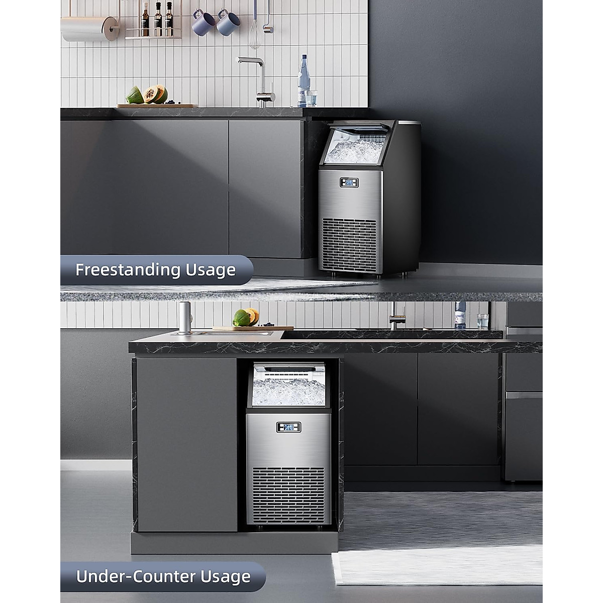 Commercial Ice Maker Machine, 100 lbs/24H Under Counter Ice Machine with 2 Way Water Inlet, 33lbs Ice Storage, Stainless Steel Freestanding, Self Cleaning Ice Makers for Home/Bar/Restaurant/Outdoor