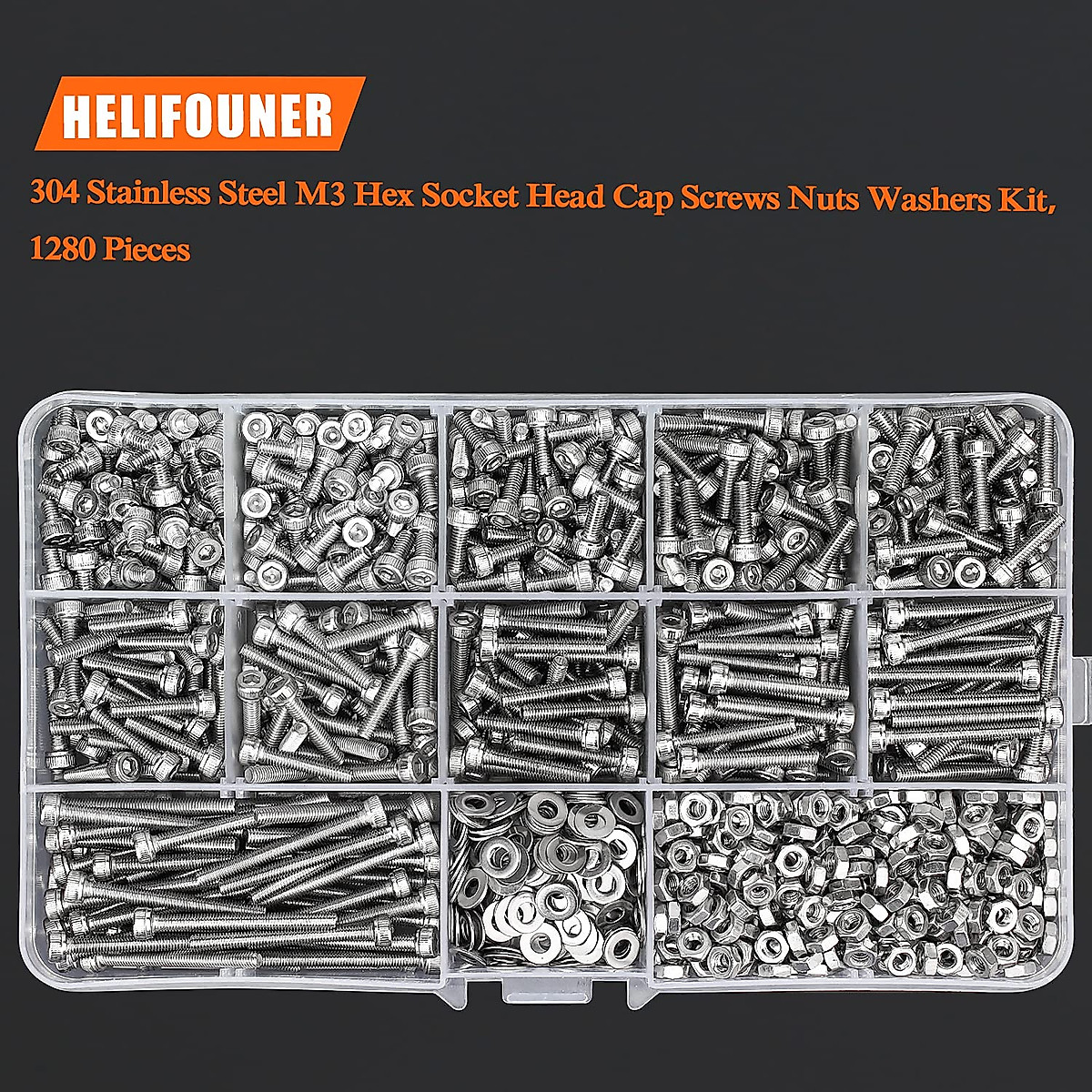 HELIFOUNER 1280 Pieces M3 x 4mm /6mm /8mm /10mm /12mm /14mm /16mm /18mm /20mm /25mm / 30mm, Hex Socket Head Cap Metric Screws Bolts Washers Nuts Kit, 304 Stainless Steel