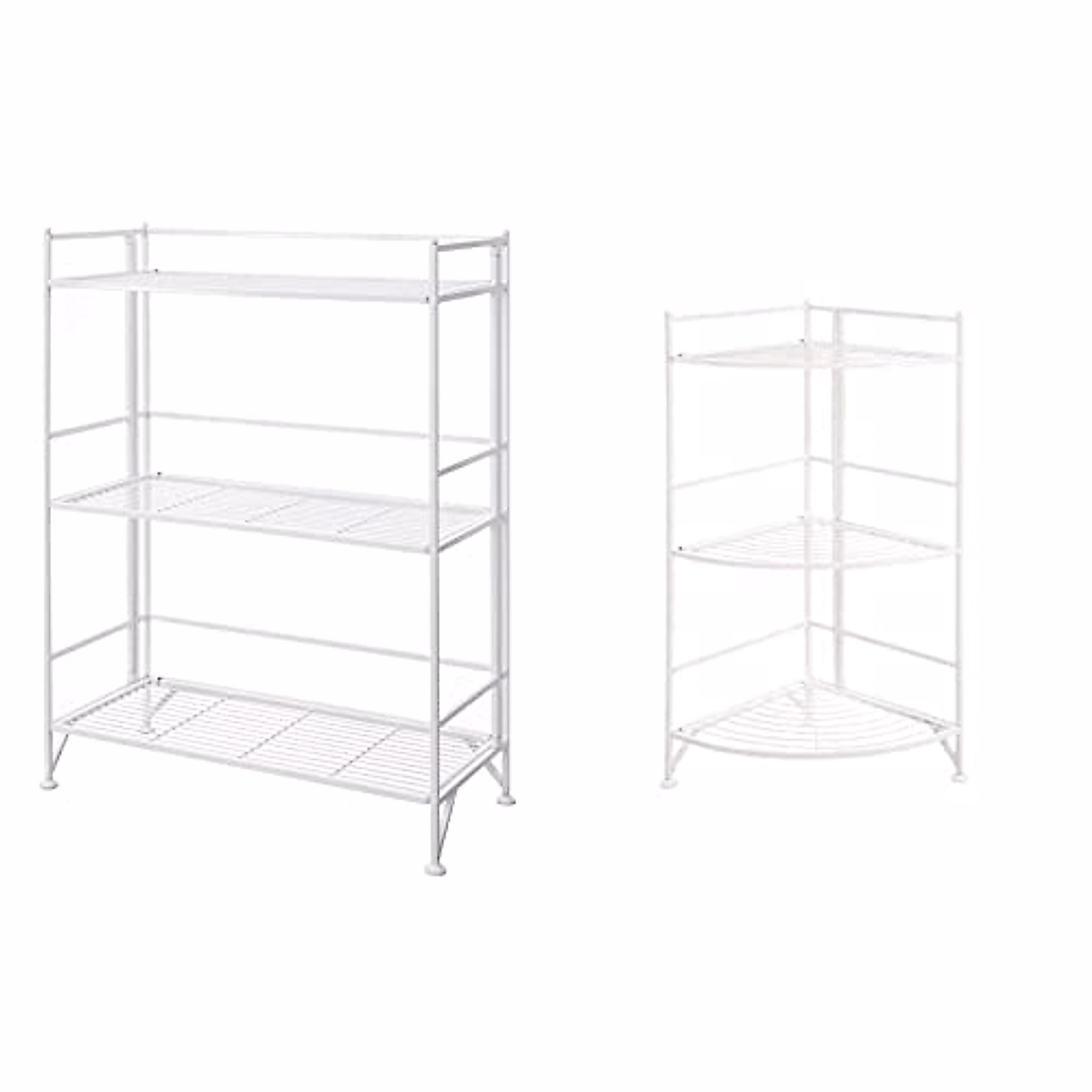 Convenience Concepts Xtra Storage 3 Tier Wide Folding Metal Shelf, White & Xtra Storage 3 Tier Corner Folding Metal Corner Shelf, White