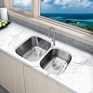 KABCO 32 Inch 18 Gauge Undermount Stainless Steel Classic Kitchen Sink, Rust Resistant, Sound and Heatproof, Double Unequal Bowl Swirl Finish Sink with Sink Strainers, Garbage Baskets and Sink Grids